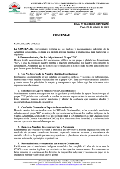 COMUNICADO OFICIAL CONFENIAE: DESCONOCIMIENTO Y NO PARTICIPACIÓN DEL G9 ...